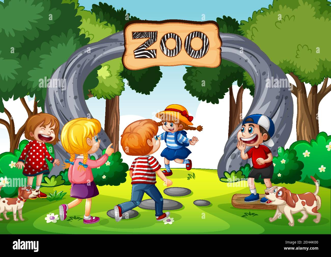 Zoo entrance gate scene with many kids illustration Stock Vector Image ...