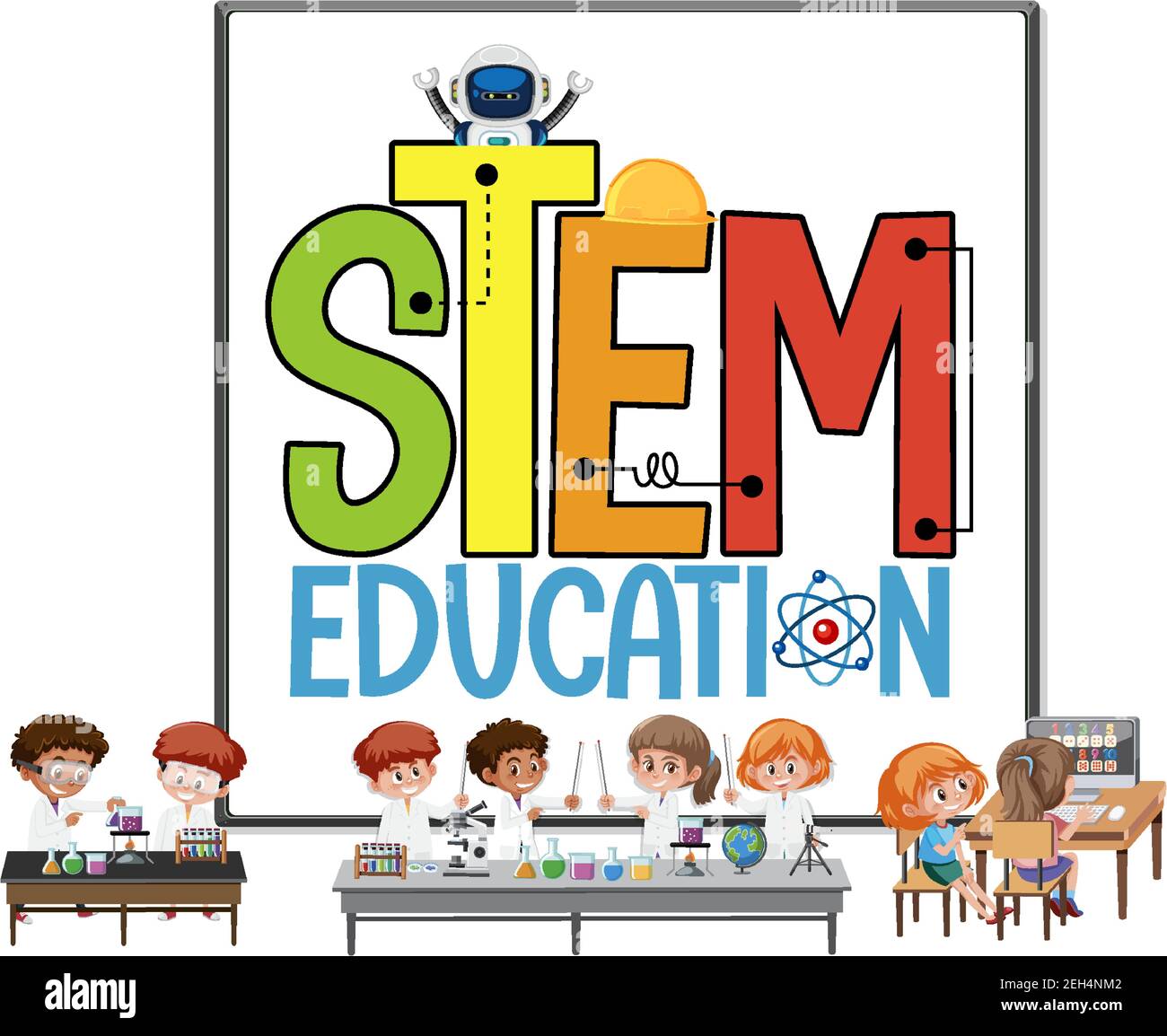 Stem education logo with kids wearing scientist costume isolated ...