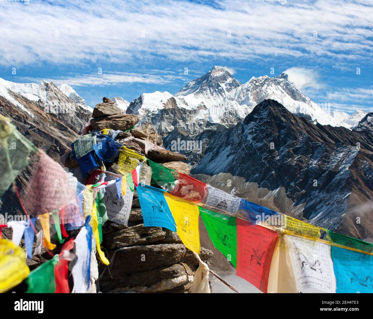 view of Mount Everest, Lhotse and Makalu with buddhist prayer flags ...