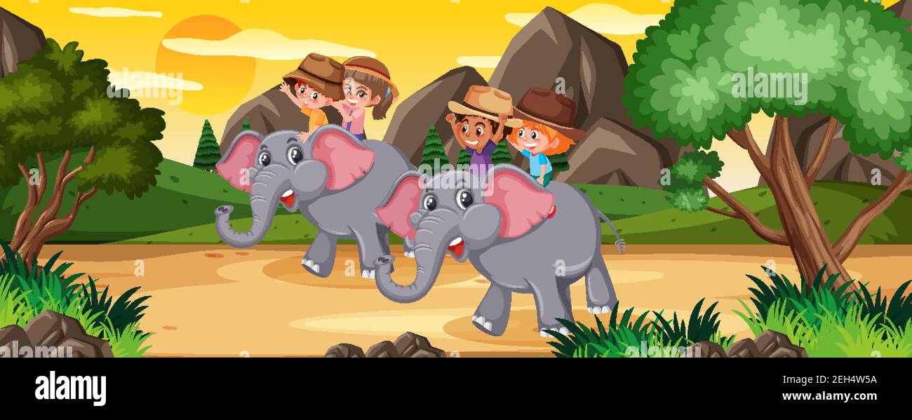 Children riding elephant in nature illustration Stock Vector Image ...