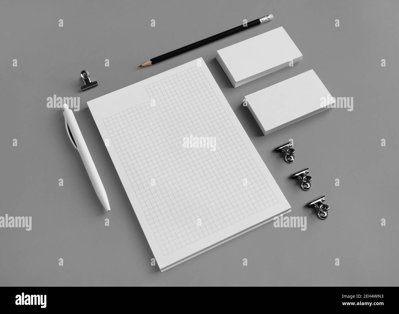 Photo of blank stationery set on gray paper background. Business brand ...