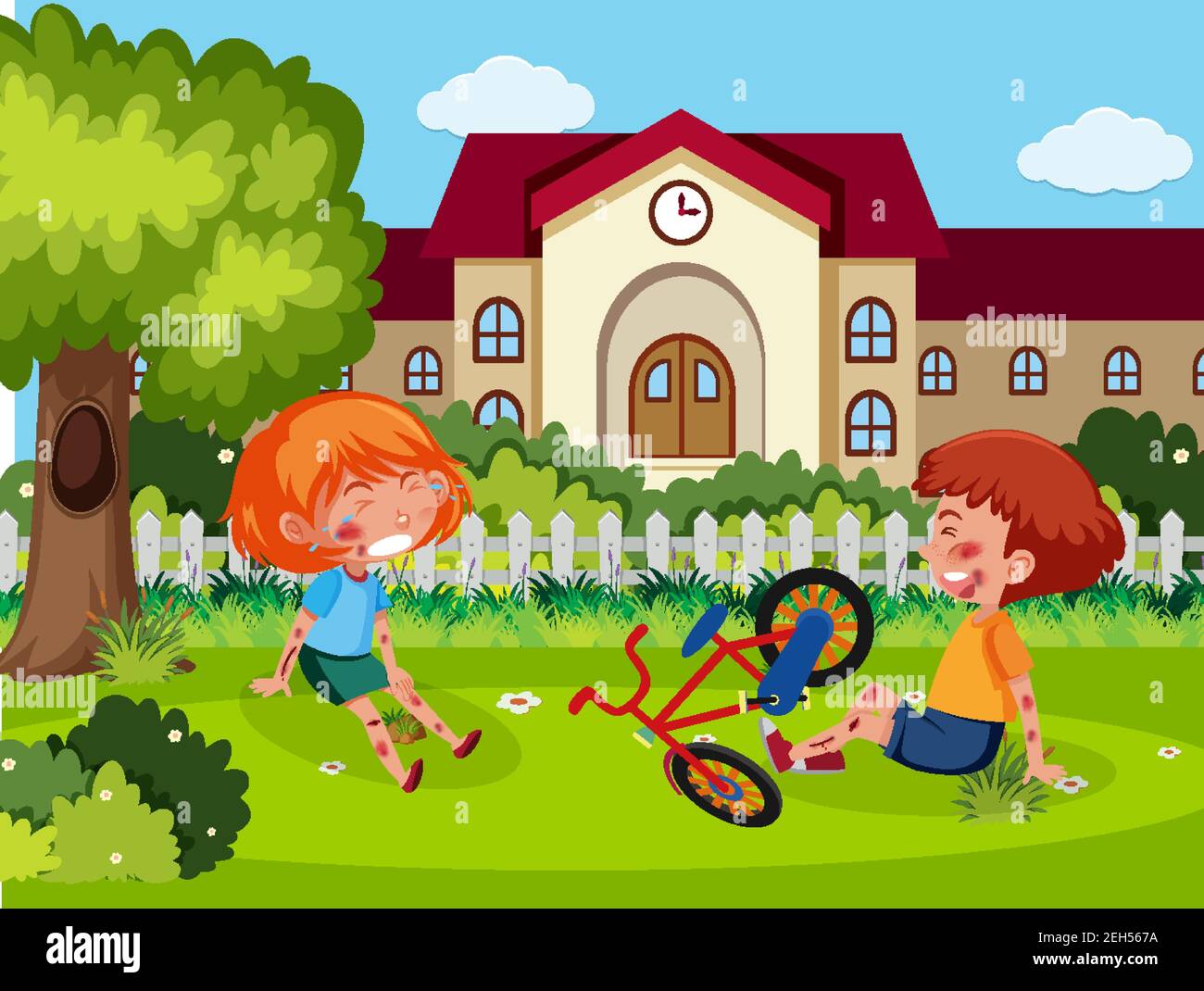 Two kids injured at cheek and arm from riding bycycle at the school ...
