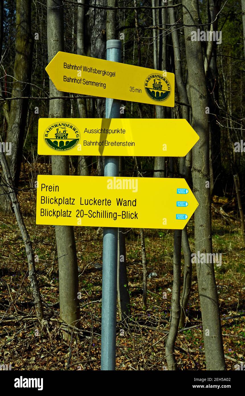 Austria, signposts for hiking trails along the historic Semmering ...