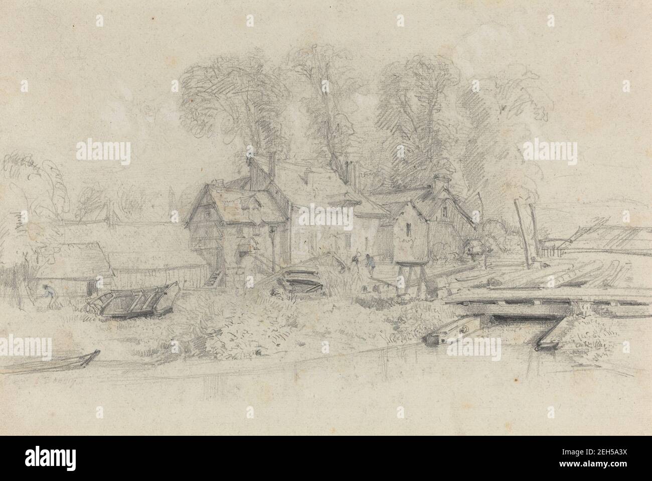River Landscape with Buildings, Boats, and Figures, c. 1858 Stock Photo ...