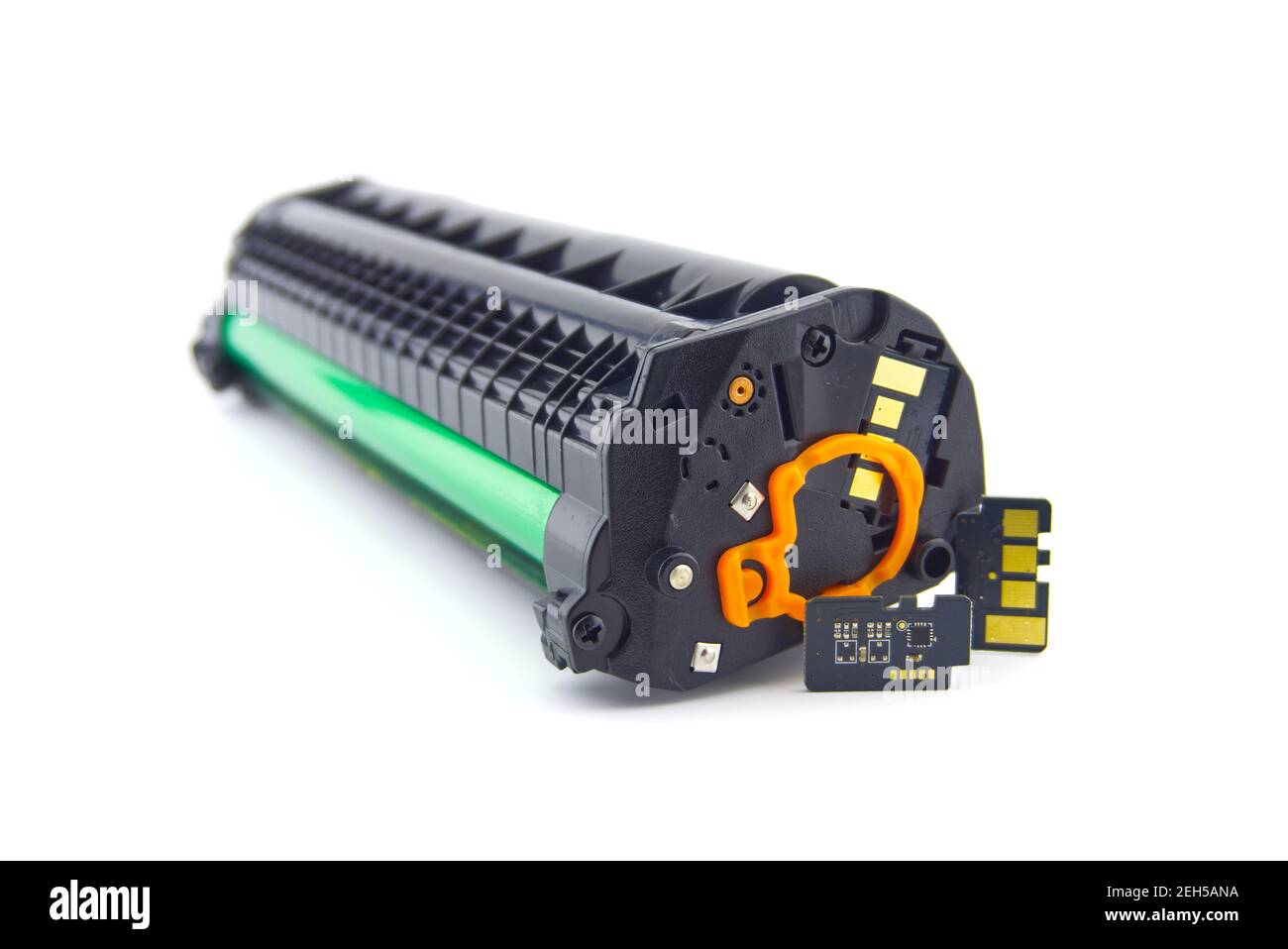 Laser printer toner cartridge and reset chip isolated on white ...