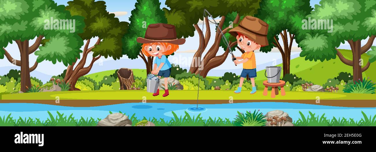 Children fishing in nature forest horizontal landscape scene at day ...