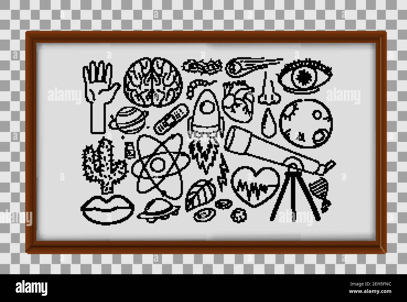 Different doodle strokes about science equipment in wooden frame on ...