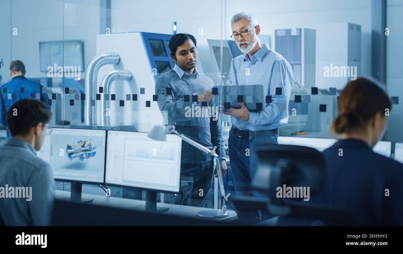 Automotive Design Factory: Project Manager, Chief Mechanical Engineer Talk, Use Laptop, Discuss ...