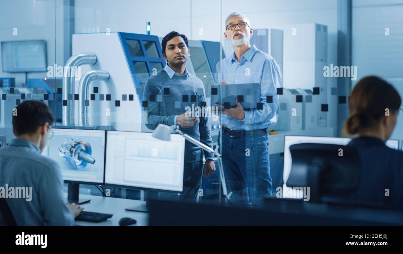 Automotive Design Factory: Project Manager, Chief Mechanical Engineer Talk, Use Laptop, Discuss ...