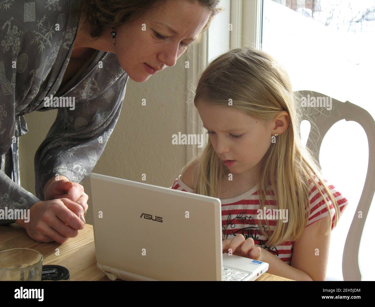 Mother helping young girl to use a computer Photo: Bo Arrhed Stock ...