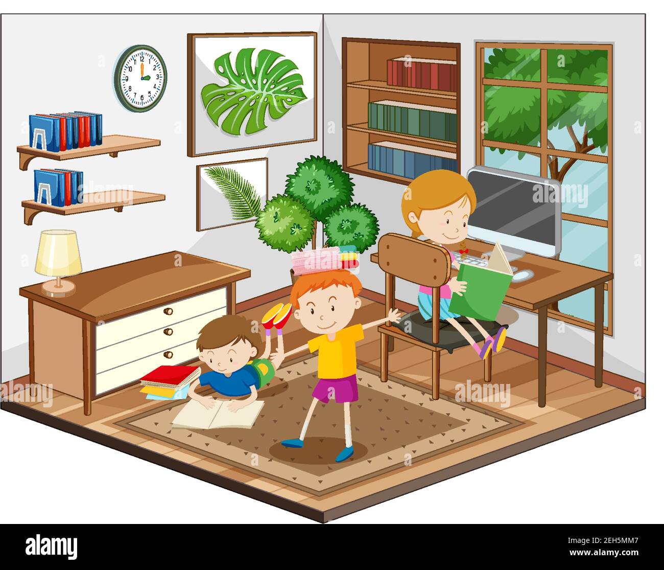 Children doing homework in the living room scene illustration Stock ...