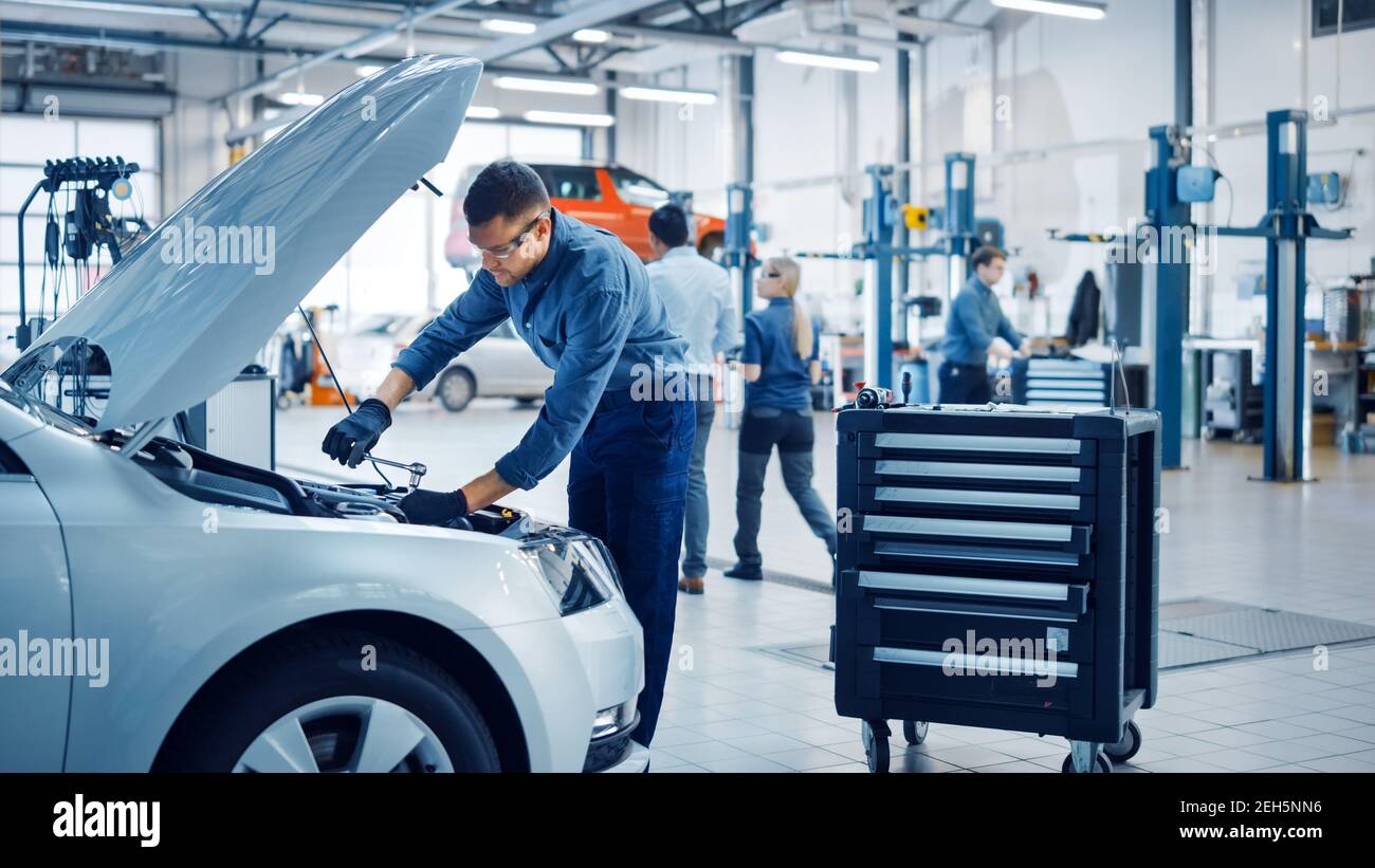Professional Mechanic is Working on a Car in a Car Service. Repairman ...