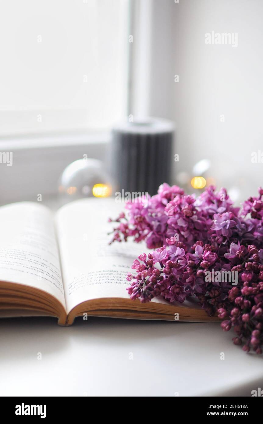 Composition of flowers. Vintage opened book with lilacs. Morning ...