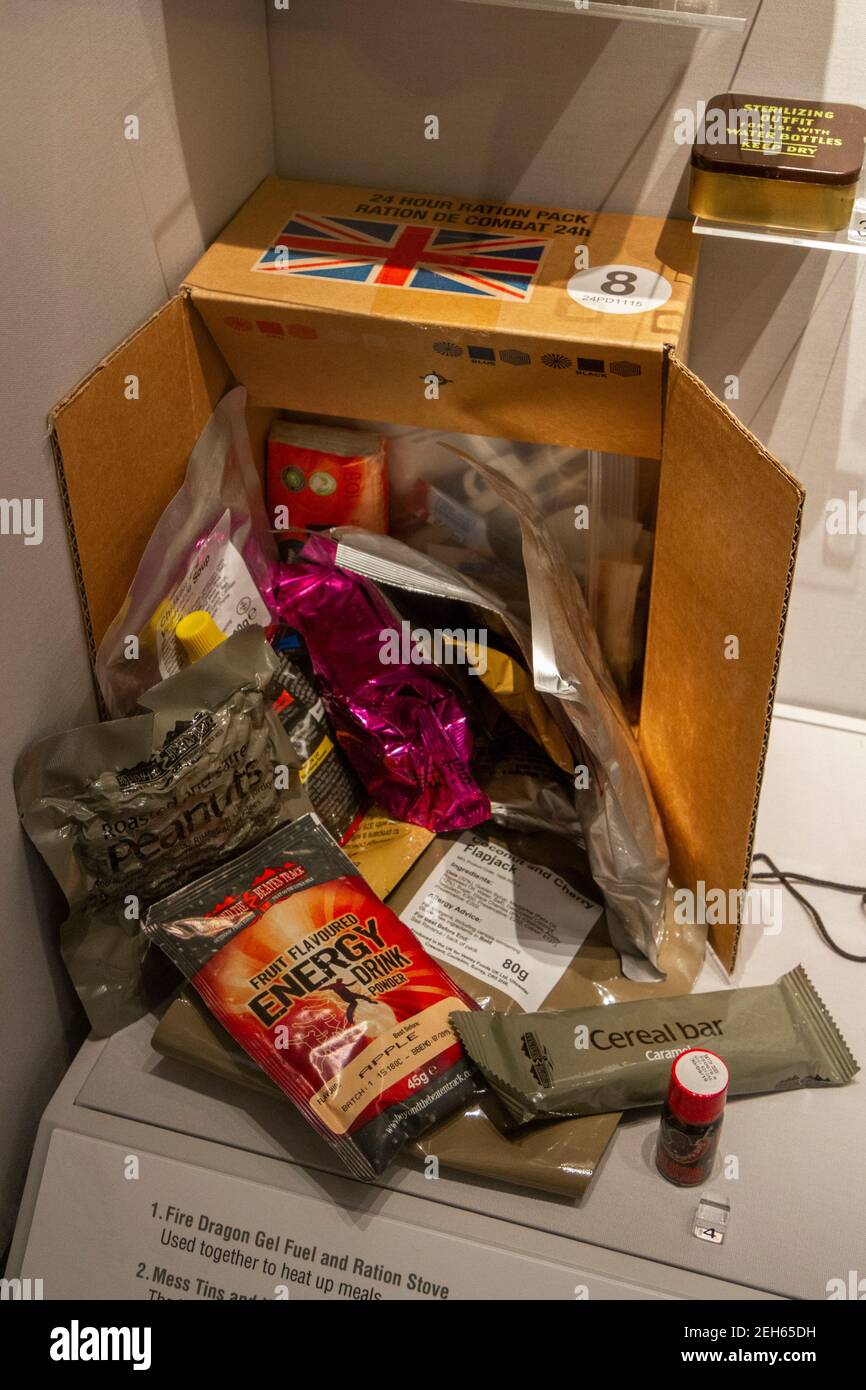 Modern 24 hour ration pack (up to 4,000 calories) on display in the ...