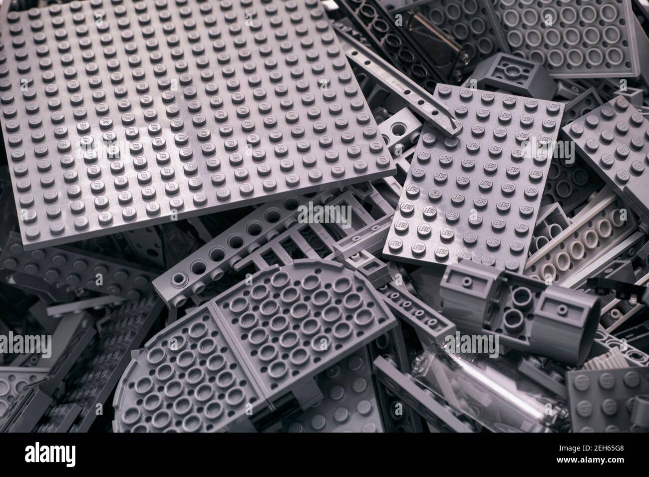 Tambov, Russian Federation - February 05, 2020 Background of gray Lego ...