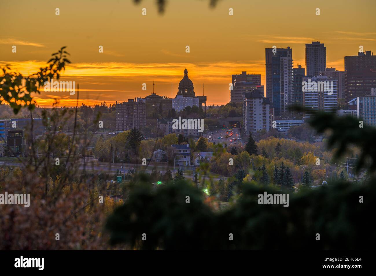 Mesmerizing view of a beautiful Edmonton Skyline at colorful sunset ...