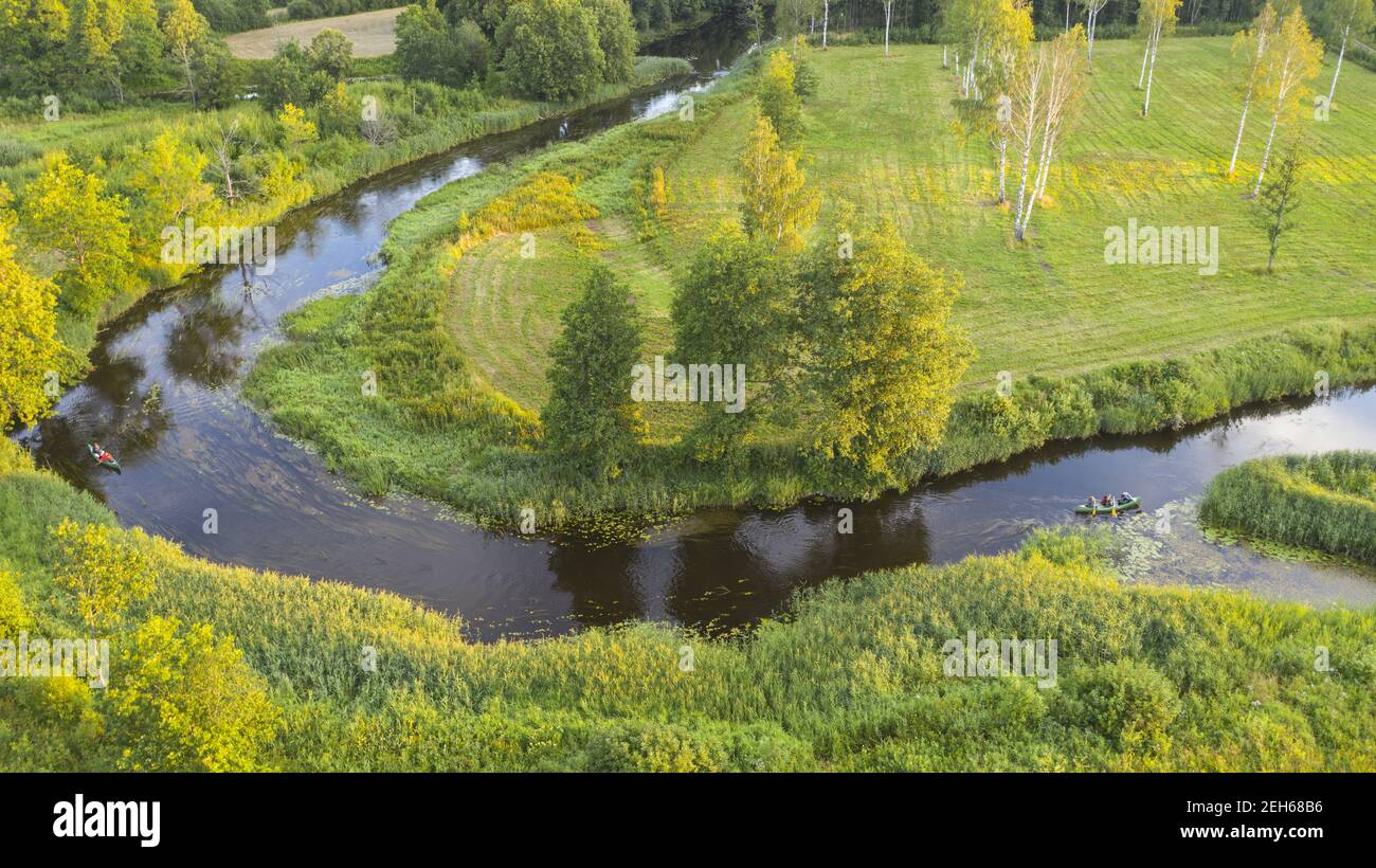 Aerial shot of beautiful Karula National Park full of lakes in Estonia ...
