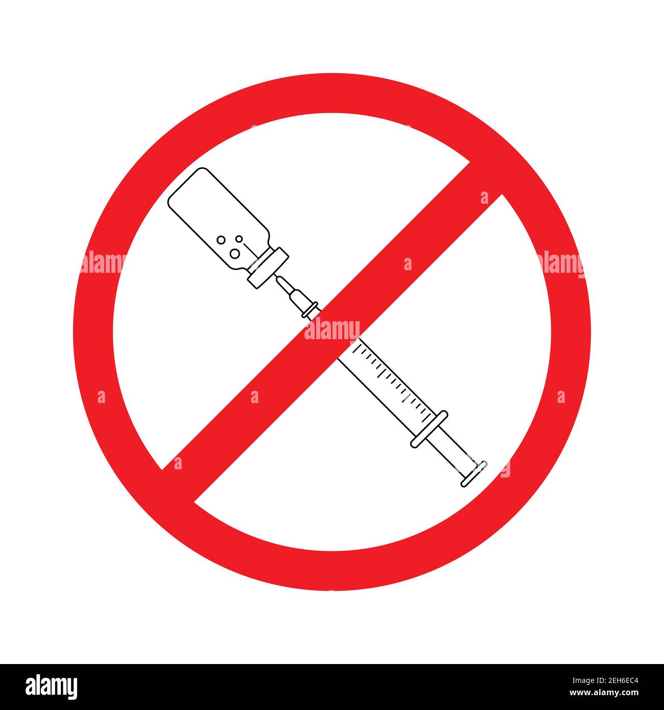 Syringe with and vaccination vial under the red forbidden sign, anti ...