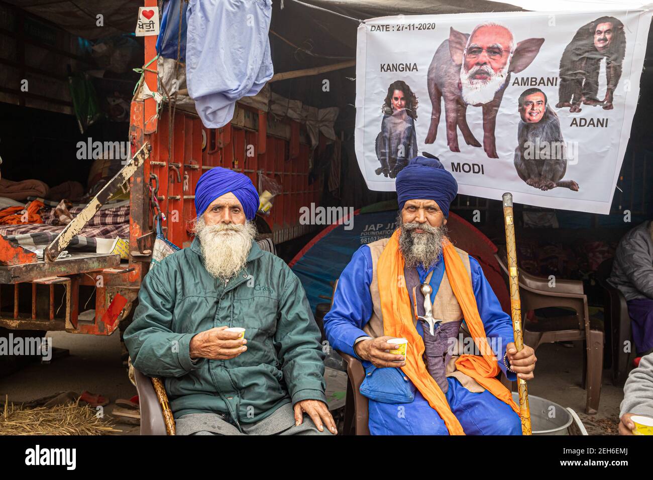 portrait of farmer during the protest at singhu border.they are ...
