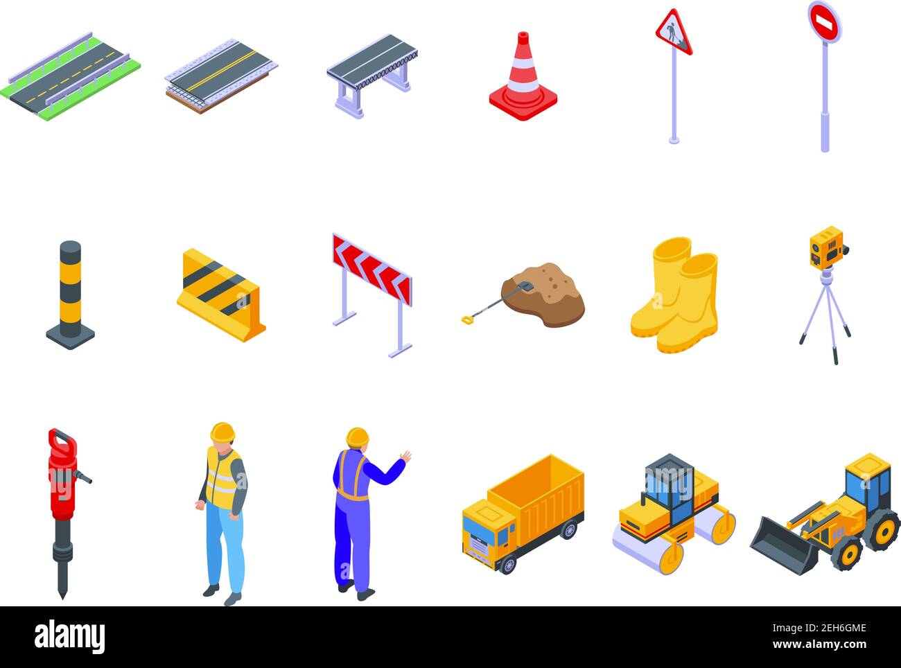 Highway construction icons set. Isometric set of highway construction ... Highway construction icons set. Isometric set of highway construction ...