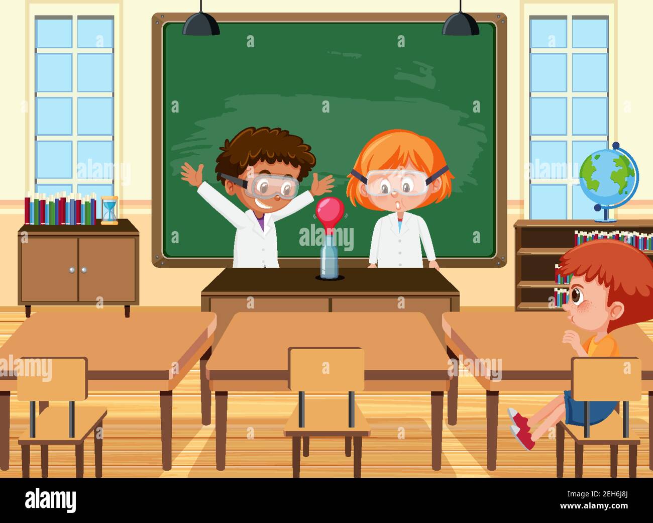 Young student doing science experiment in the classroom scene ...