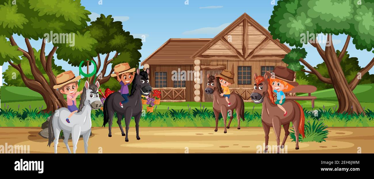 Children riding horse in nature illustration Stock Vector Image & Art ...