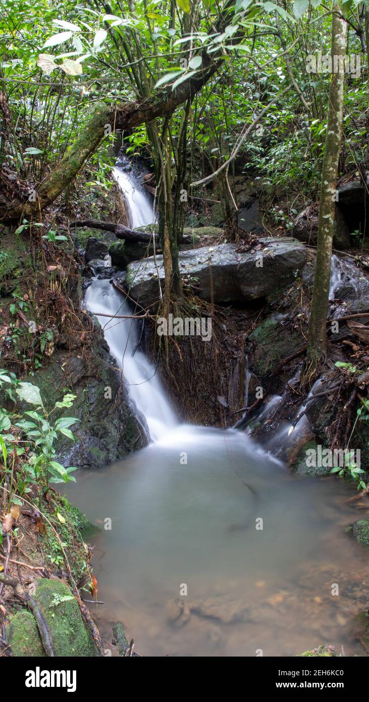 Beautiful scene of the waterfall flowing through rocks into a lake in ...