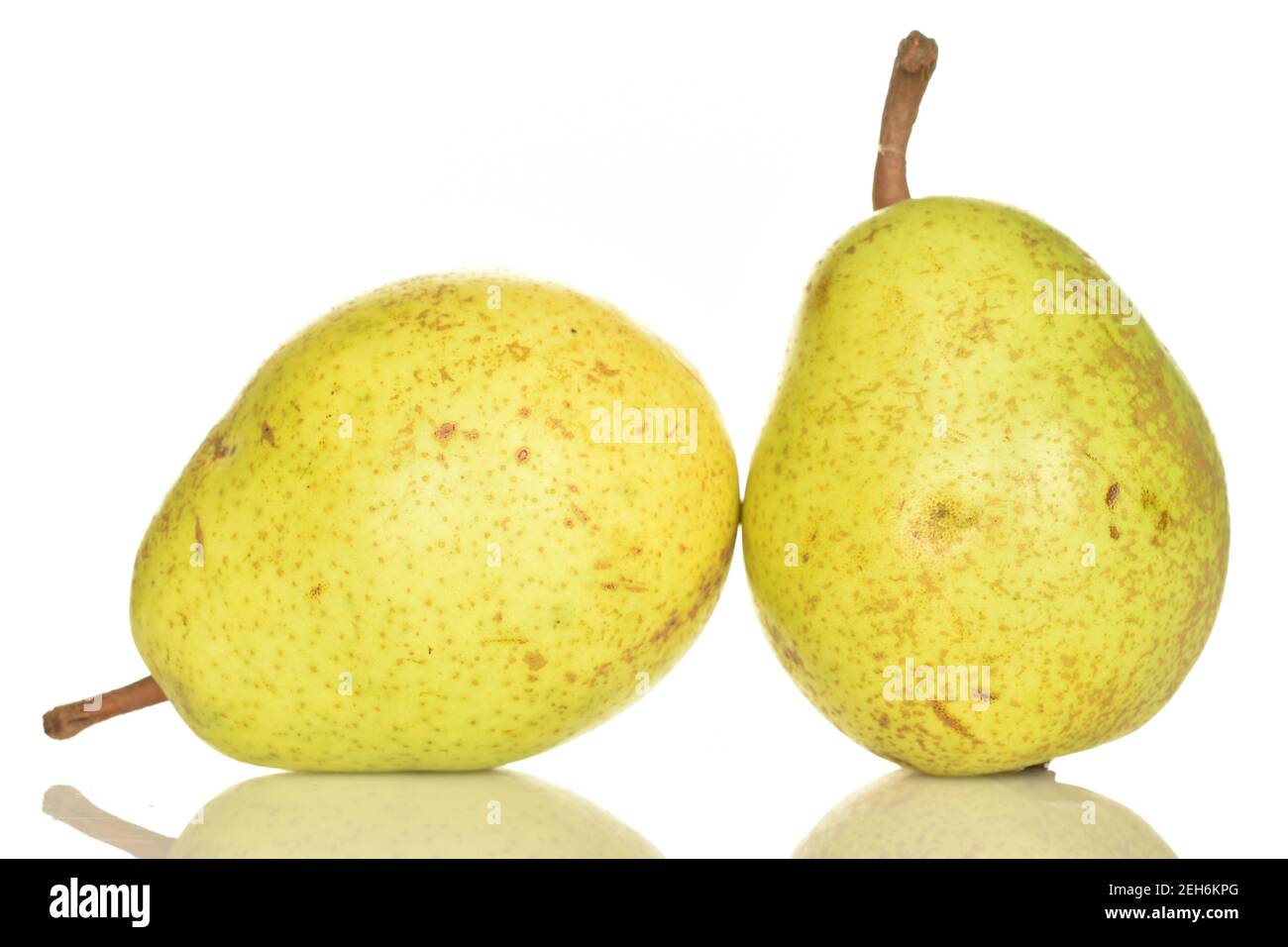 Two whole ripe juicy tasty Lucas pears on a white background Stock ...