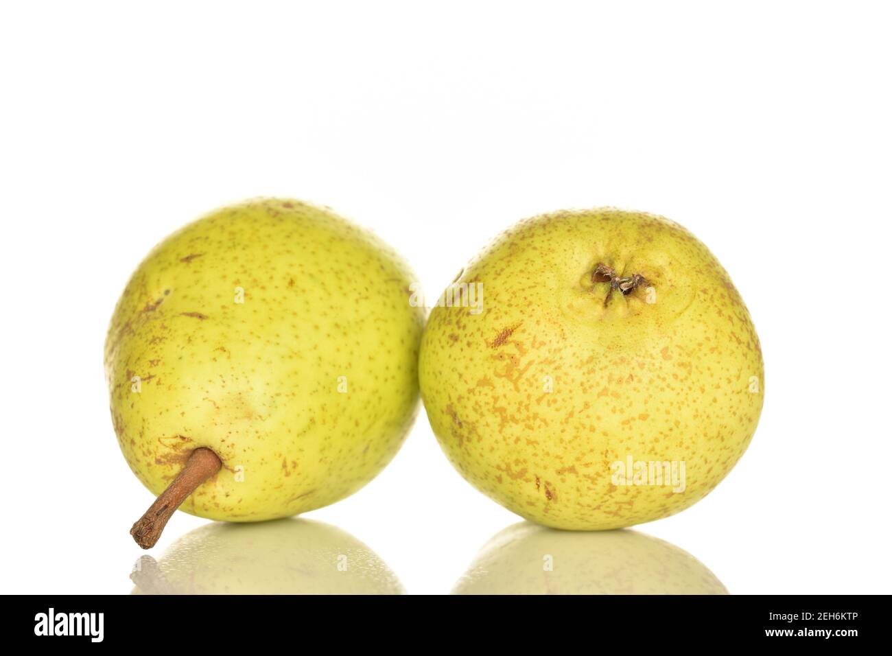 Two whole ripe juicy tasty Lucas pears on a white background Stock ...
