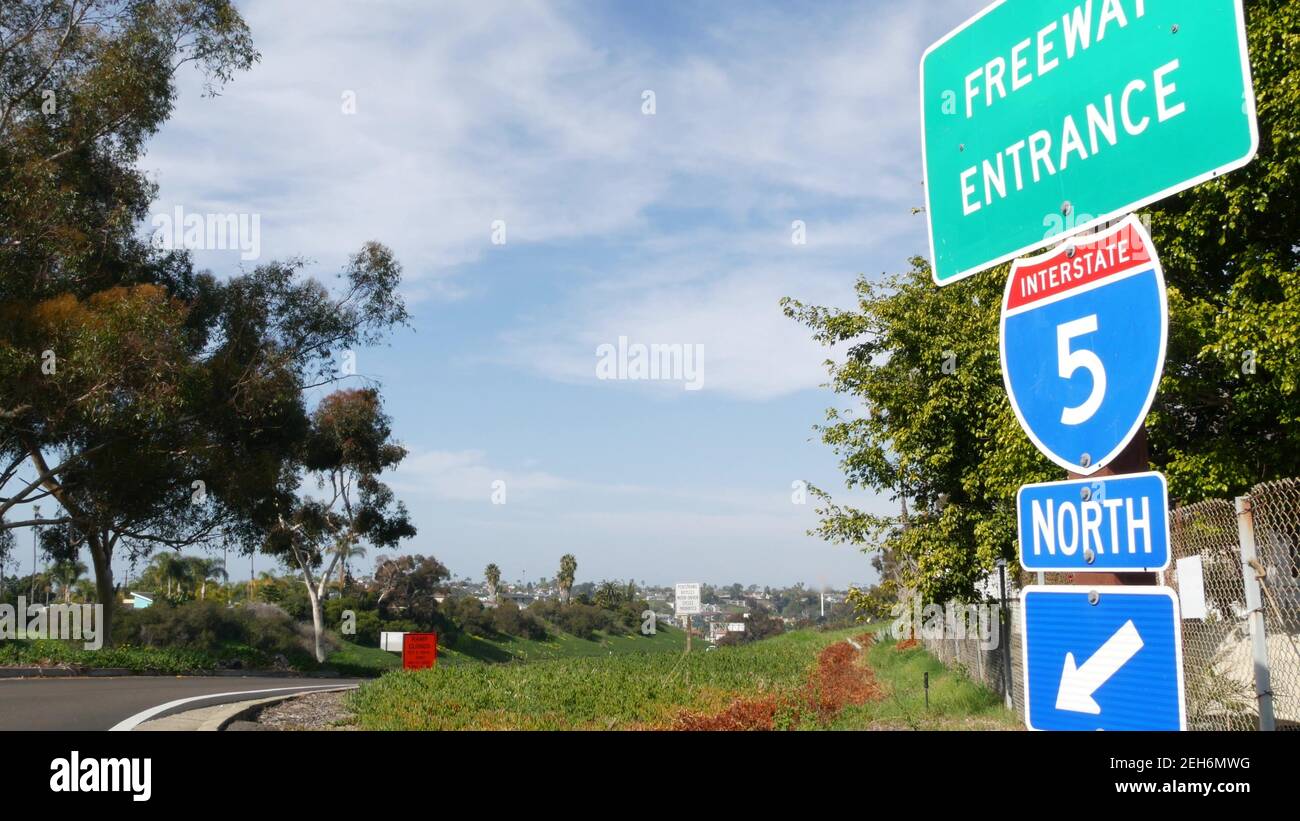 Freeway entrance, information sign on crossraod in USA. Route to Los ...