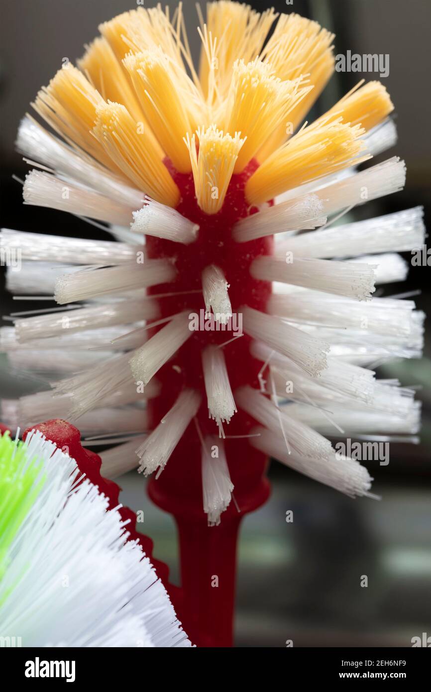 Colourful abstract still-life of kitchen cleaning equipment in close up ...