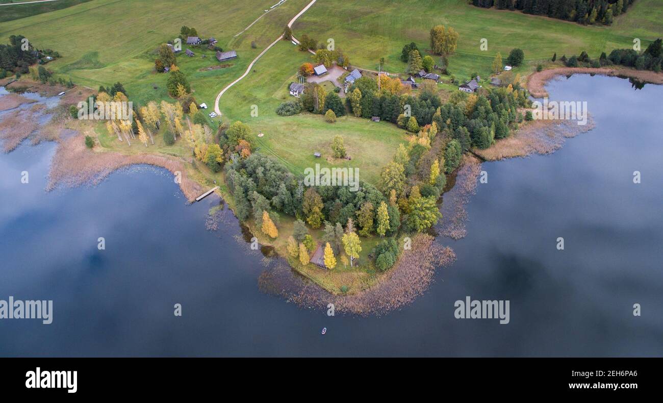 Aerial shot of beautiful Karula National Park full of lakes in Estonia ...