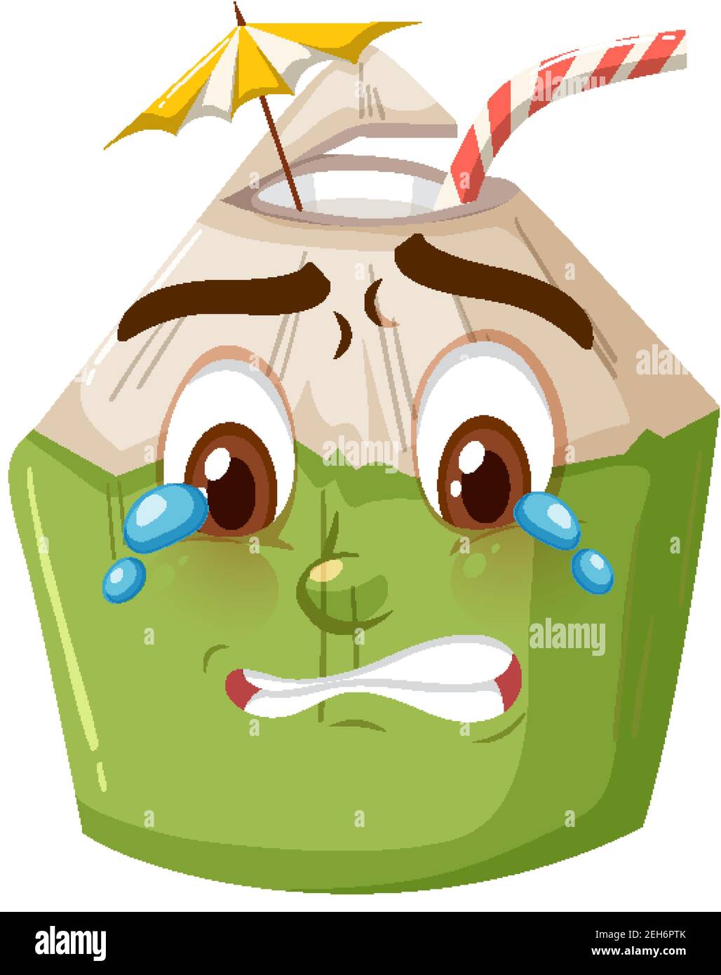 Cute coconut cartoon character with crying face expression on white ...