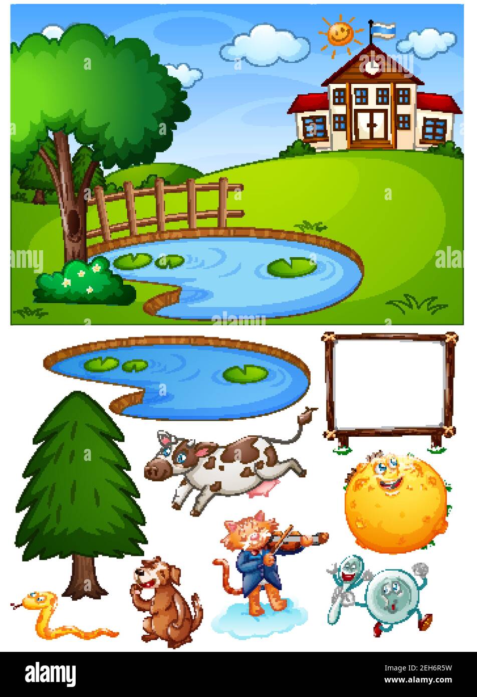 School scene with isolated cartoon character and objects illustration ...