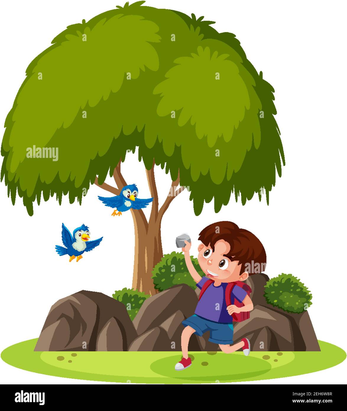 Isolated scene with a boy trying to throw stone to birds illustration ...