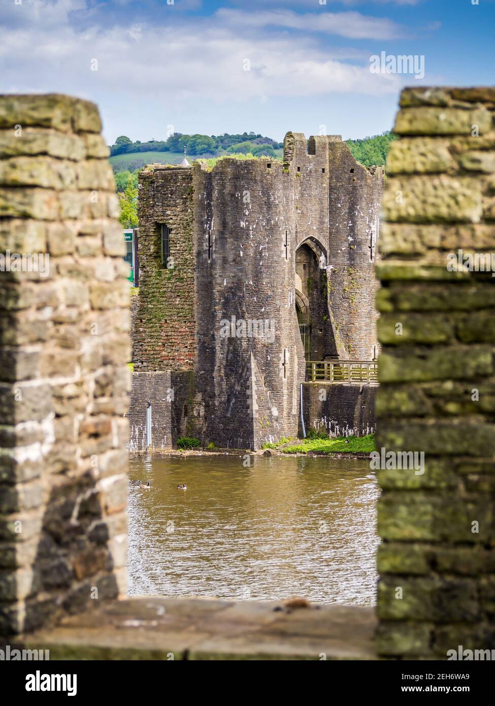 The moat at Caerphilly Castle just outside Cardiff in South Wales Stock ...