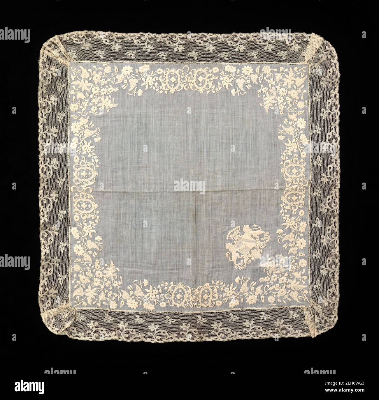 Handkerchief, probably French, 1825-50. The coronet motif features nine ...