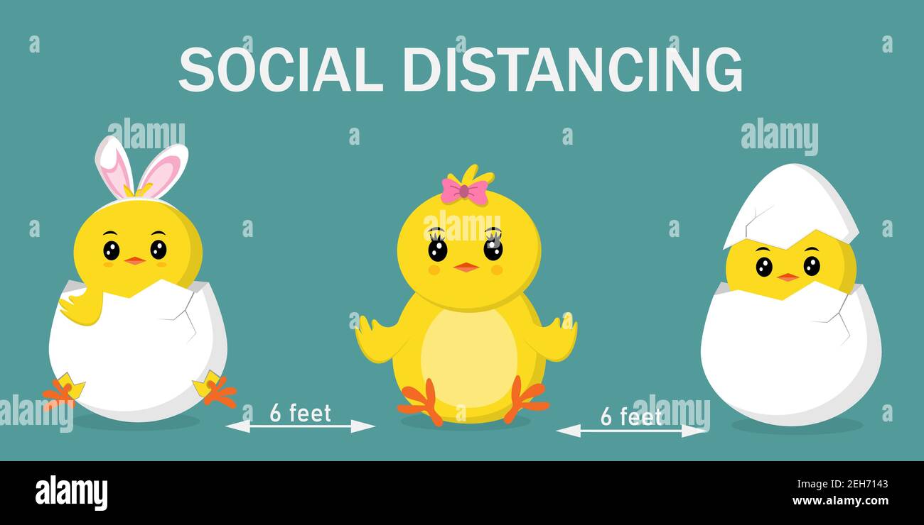 Cute happy easter chicks keep social distancing for avoid risk and ...