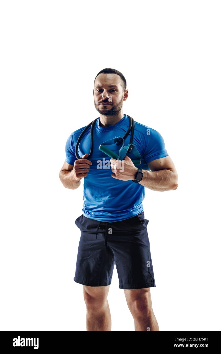 Ready. Caucasian professional male athlete, runner training isolated on ...