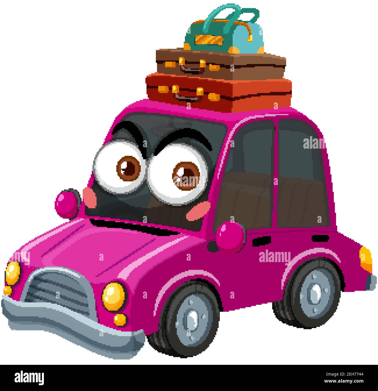 Pink vintage car cartoon character with face expression on white ...
