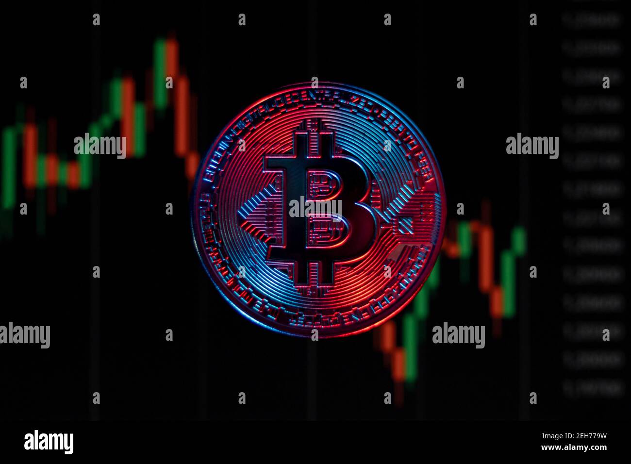 Bitcoin coin on black background with graph Stock Photo - Alamy