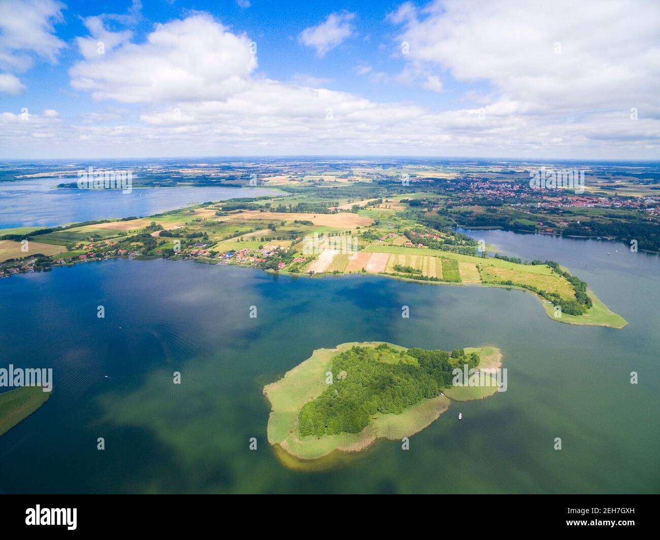 Aerial view of beautiful island on Swiecajty Lake in the neighborhood ...