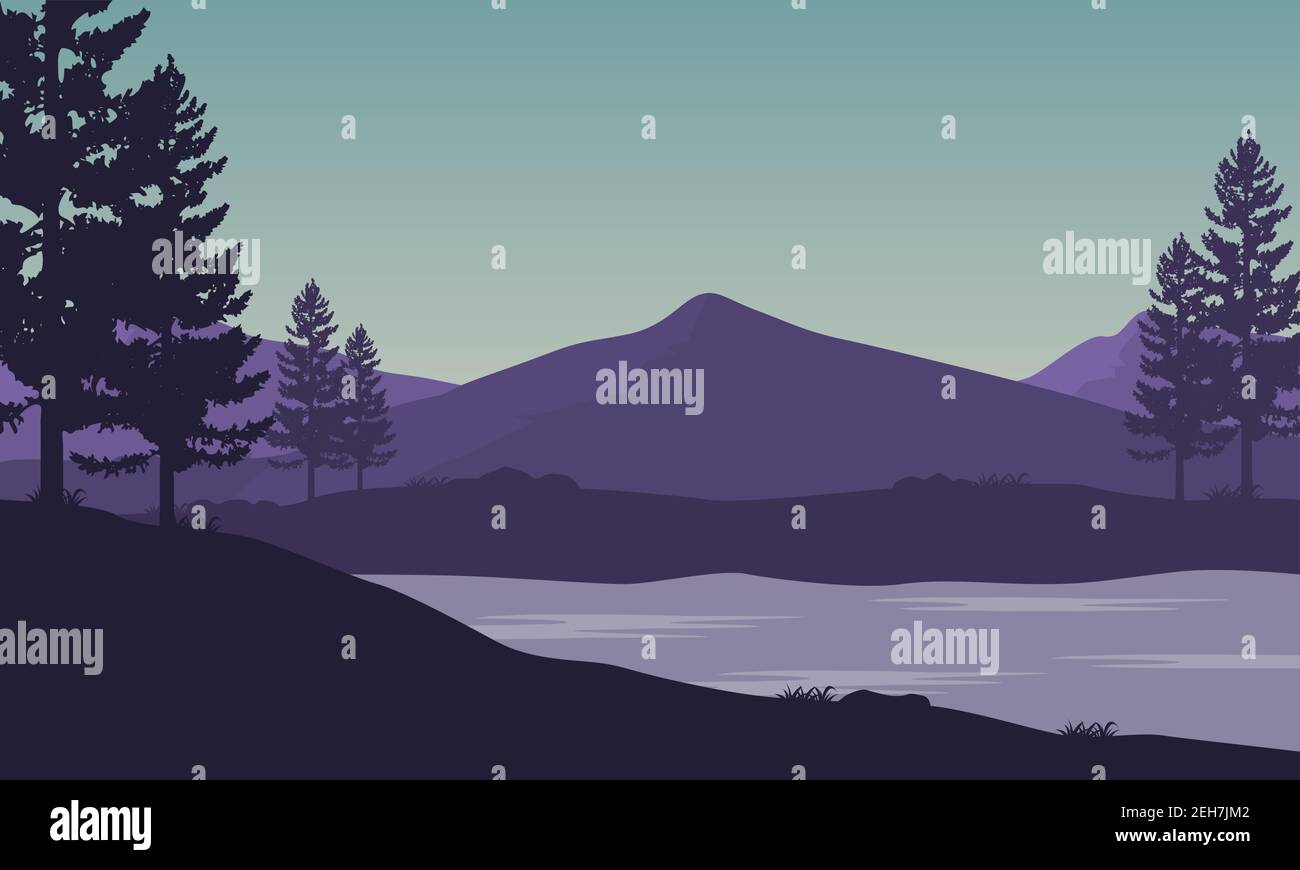 Fantastic morning view with silhouettes of mountains and cypress trees ...