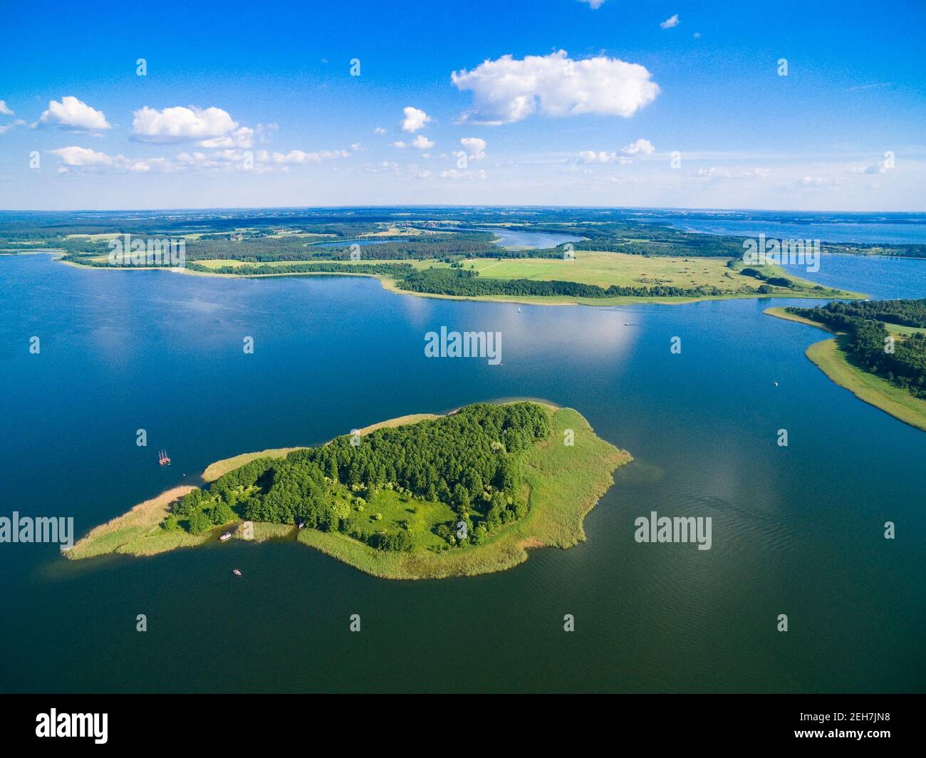 Aerial view of beautiful island on Swiecajty Lake in the neighborhood ...