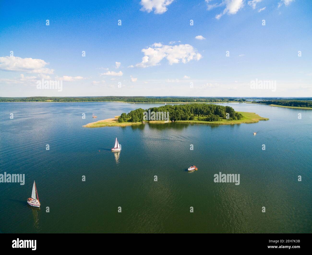 Aerial view of beautiful island on Swiecajty Lake in the neighborhood ...