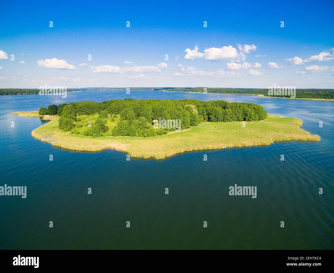 Aerial view of beautiful island on Swiecajty Lake in the neighborhood ...