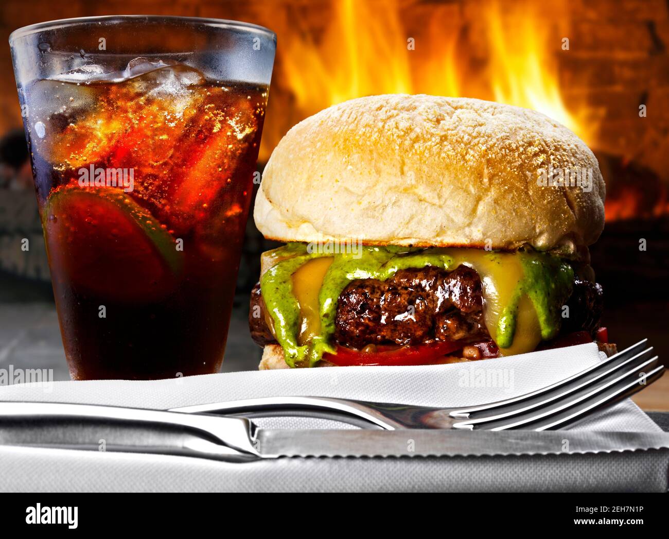 Burger with BBQ meat and cola soda Stock Photo - Alamy
