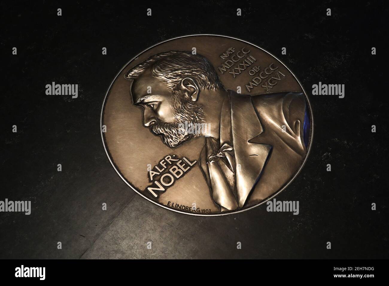 STOCKHOLM, SWEDEN- 16 MAY 2018:Emblem of Alfred Nobel at the Nobel ...