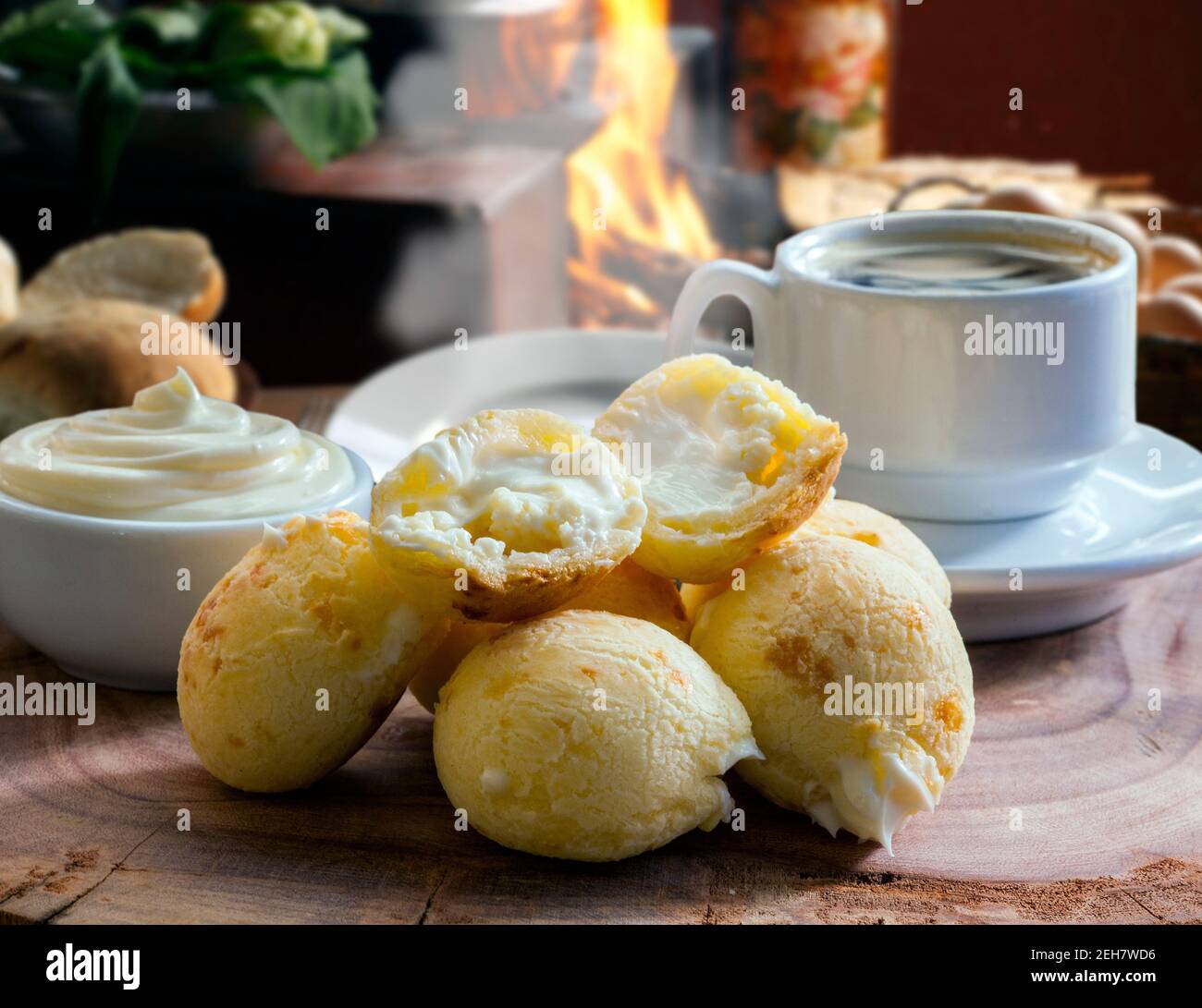 Breakfast with stuffed cheese bread, pao de queijo Stock Photo - Alamy
