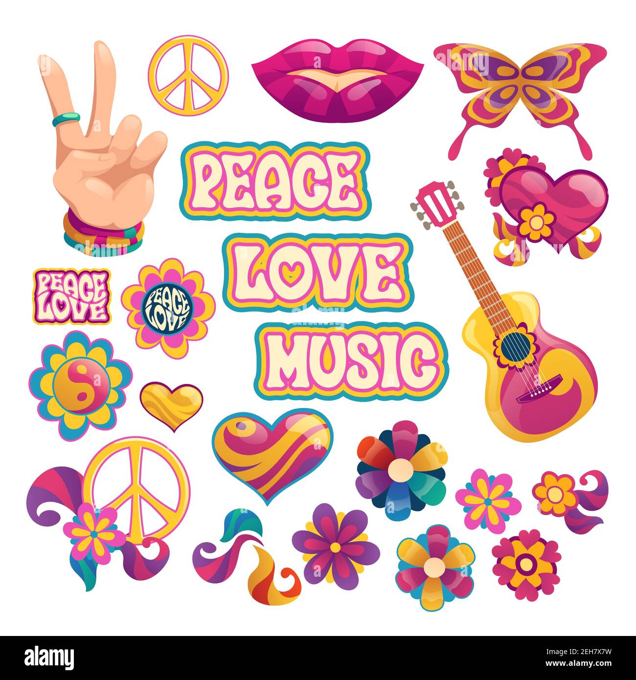 Hippie icons, signs of peace, love and music. Vector cartoon set symbols of hippy culture with ...